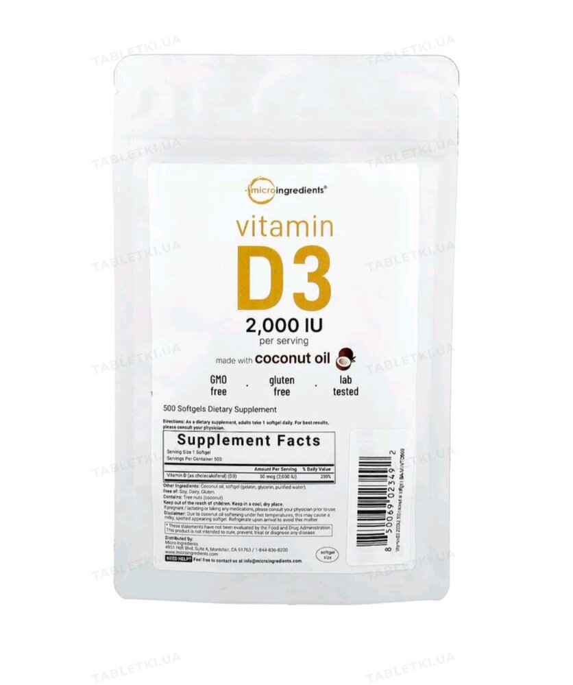 Вітамін D3 Micro Ingredients Vitamin D3 2000 МО, 500 капсул ...